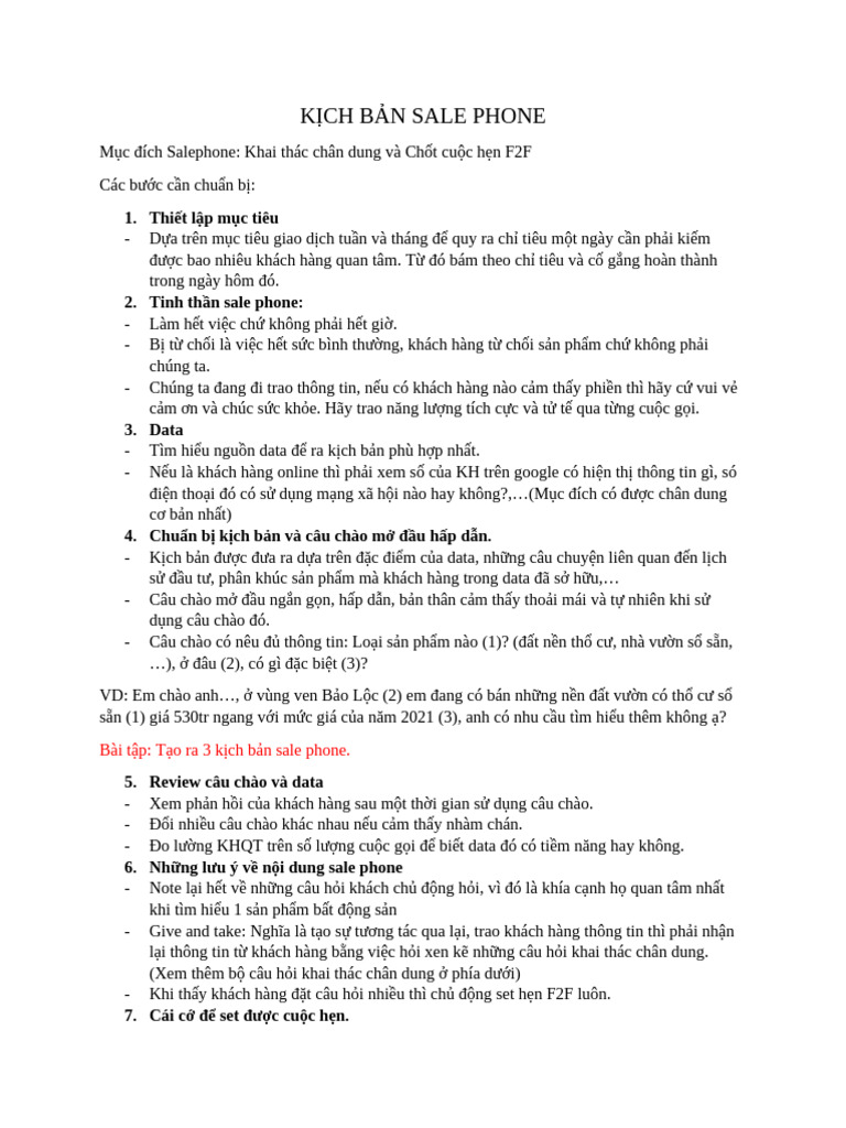 Kịch bản sale phone - F2F - tư vấn tại dự án - Loan (1) | PDF