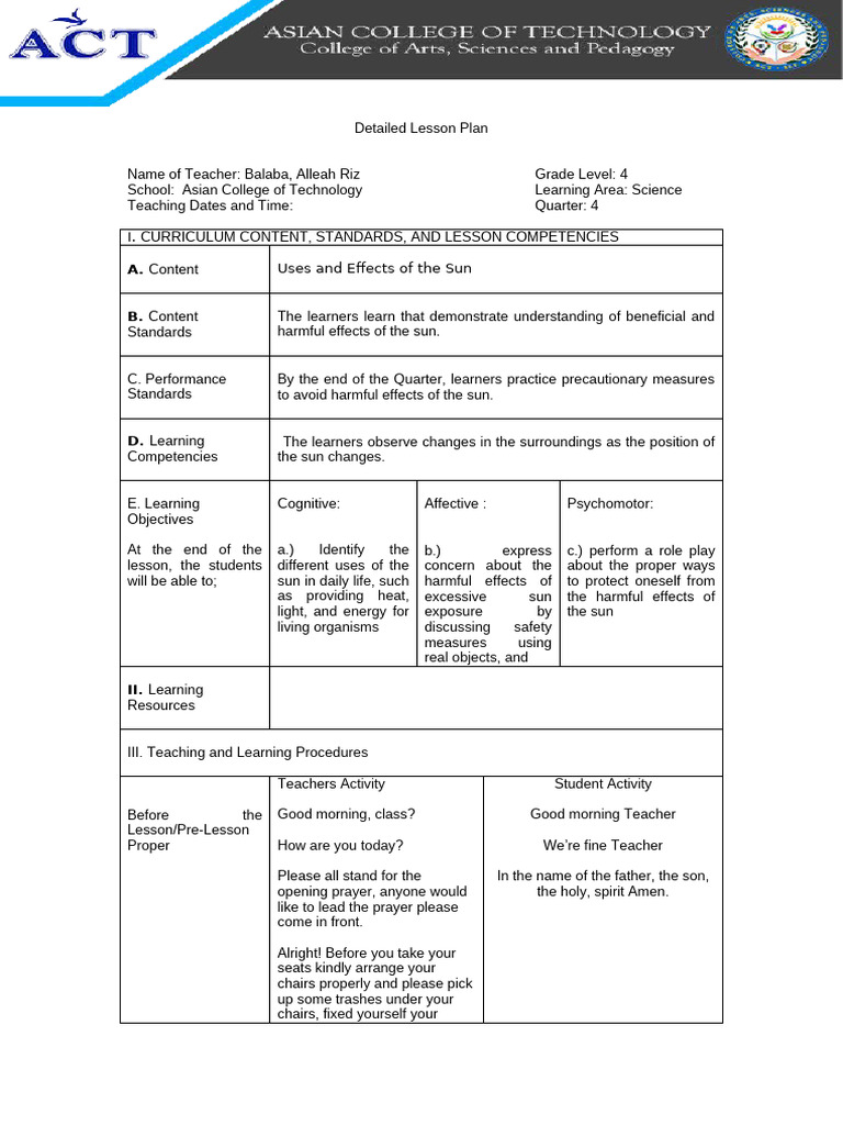 Sun Safety Lesson Plan for Grade 4 | PDF | Learning | Teachers