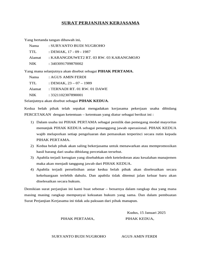 SURAT PERJANJIAN KERJASAMA | PDF