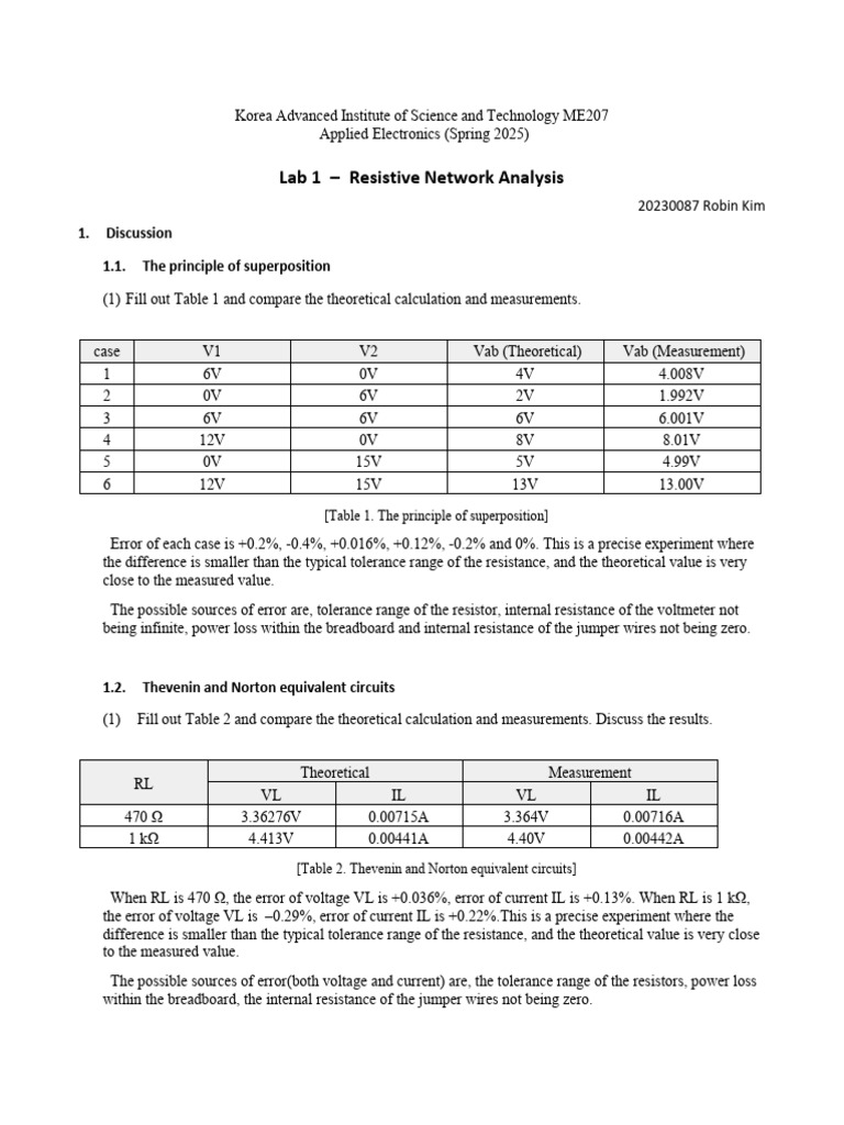 ME207 2025 Lab1 Final Report 20230087RobinKim | PDF | Resistor | Voltage