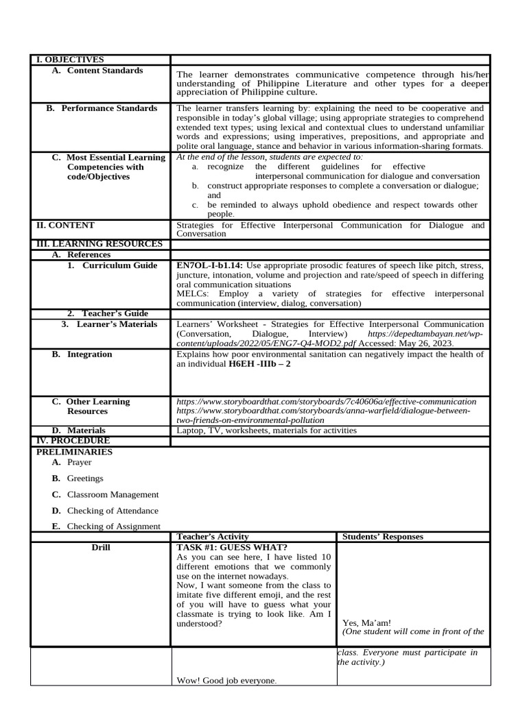 q4 Week 2 A Detailed Lesson Plan 4as For English 7 Interpersonal Communication | PDF ...