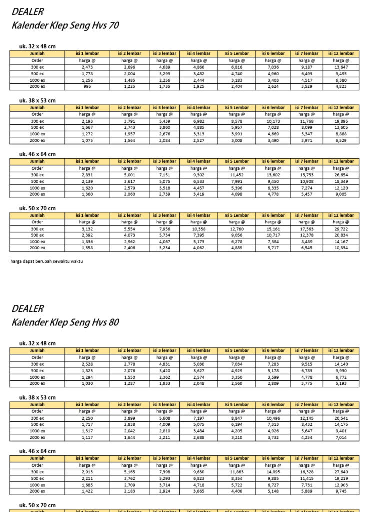 Pricelist Kalender Offset Klep (Dealer) | PDF