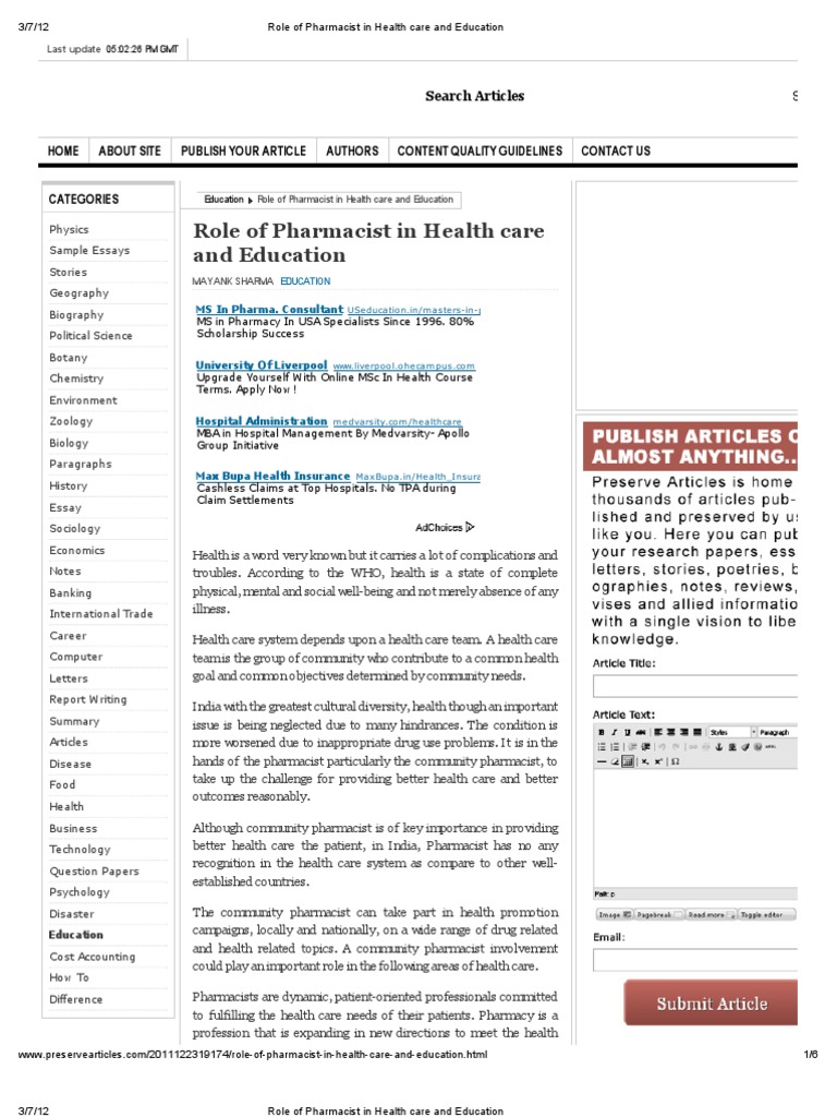 Role of Pharmacist in Health Care and Education | PDF