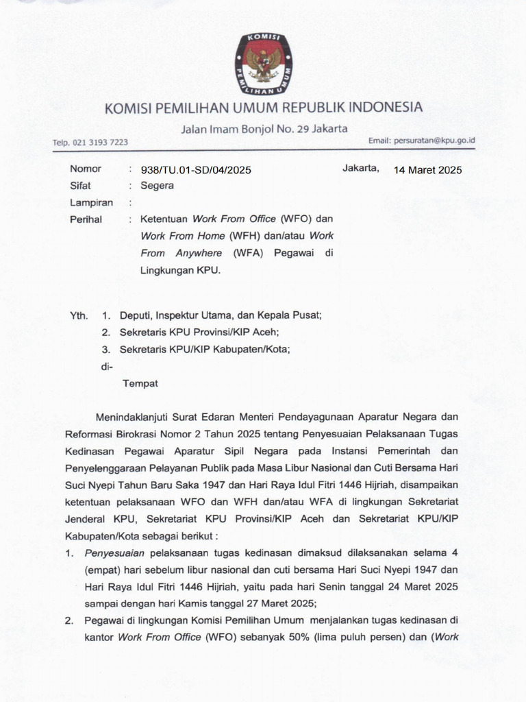 Ketentuan WFO, WFH Dan WFA Di Lingkungan KPU | PDF