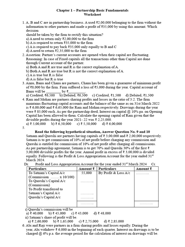 Chapter 1 Partnership Basic Fundamentals MCQ Worksheet | PDF | Interest ...