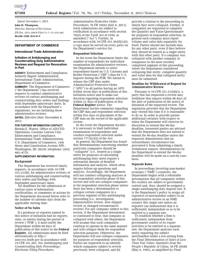Initiation of Antidumping and Countervailing Duty Administrative ...