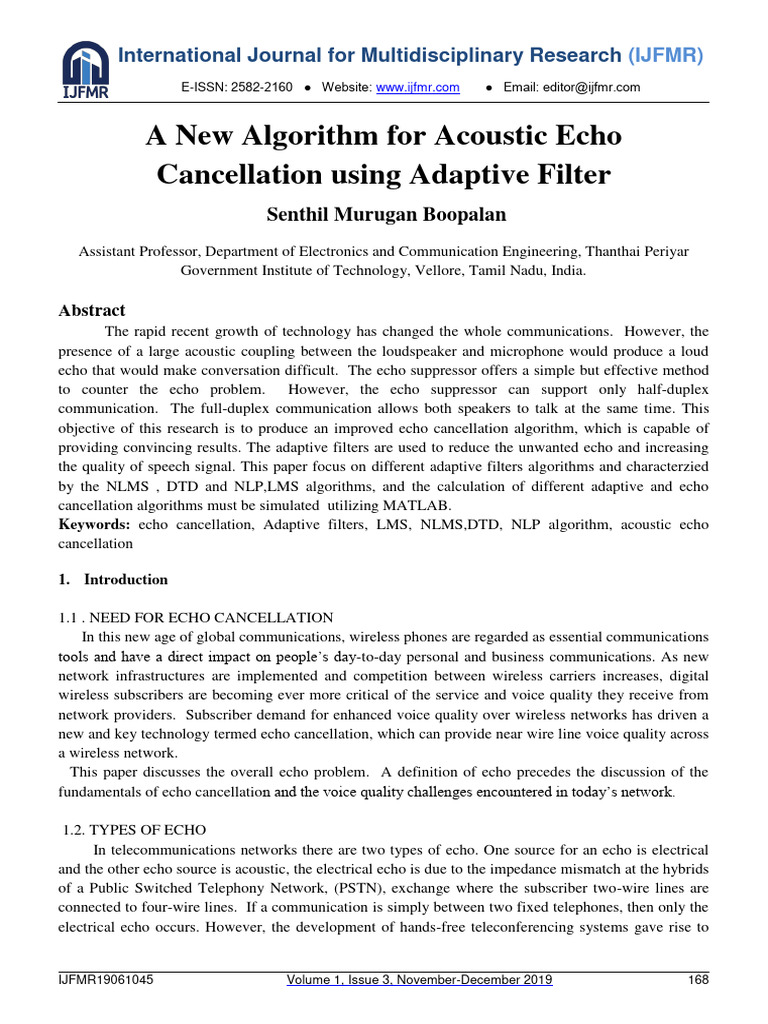 A New Algorithm For Acoustic Echo Cancel | PDF | Filter (Signal Processing) | Public Switched ...