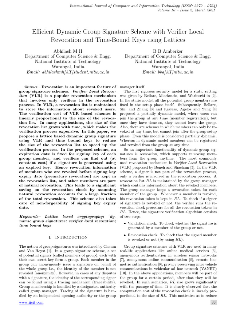 Efficient Dynamic Group Signature Scheme With Verifier Local Revocation and Time-Bound Keys ...