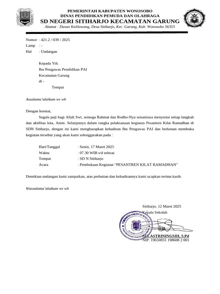 Surat Undangan SD Sitiharjo | PDF