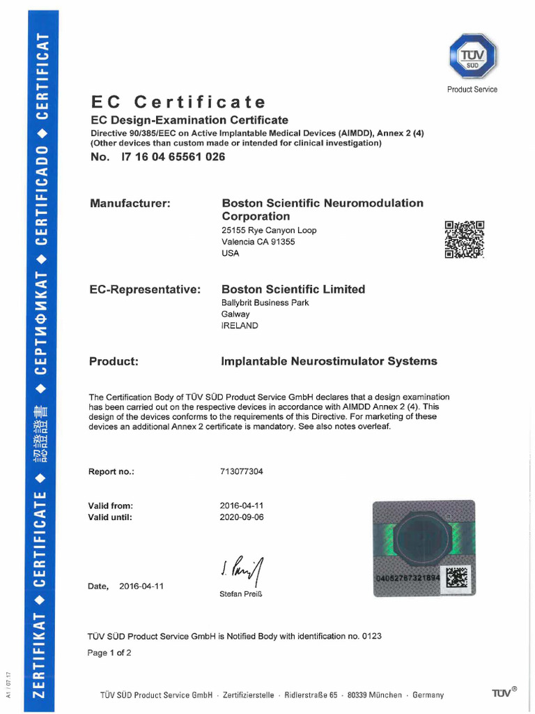 TUV BSCI Vercise BOSTON Neuromodulatiomn EC Cert PC Annex II.4 CE 026 ...