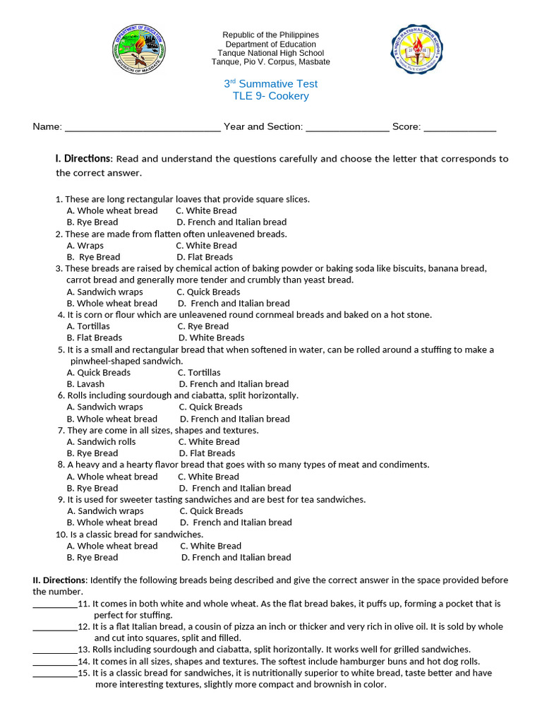 TLE 9 Cookery Summative Test Guide | PDF | Breads | Sausage