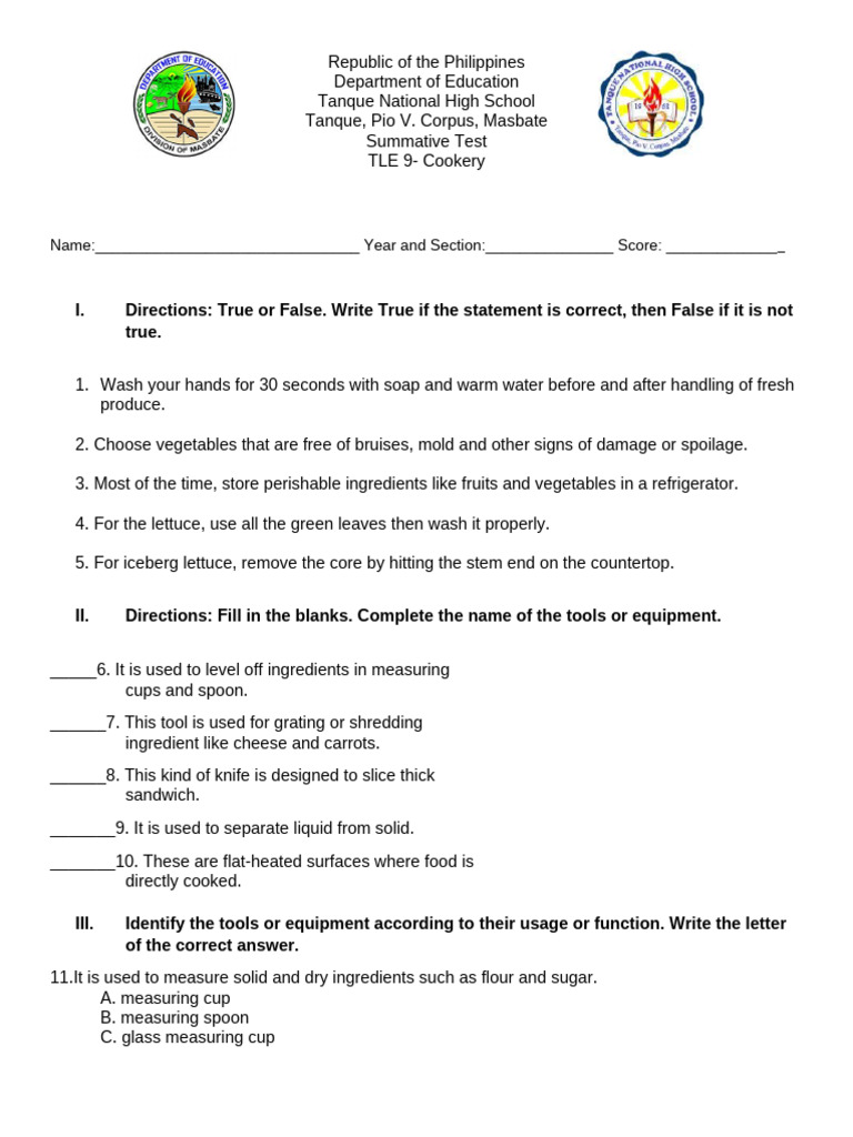 TLE 9 Cookery Summative Test Guide | PDF | Sandwich | Vegetables