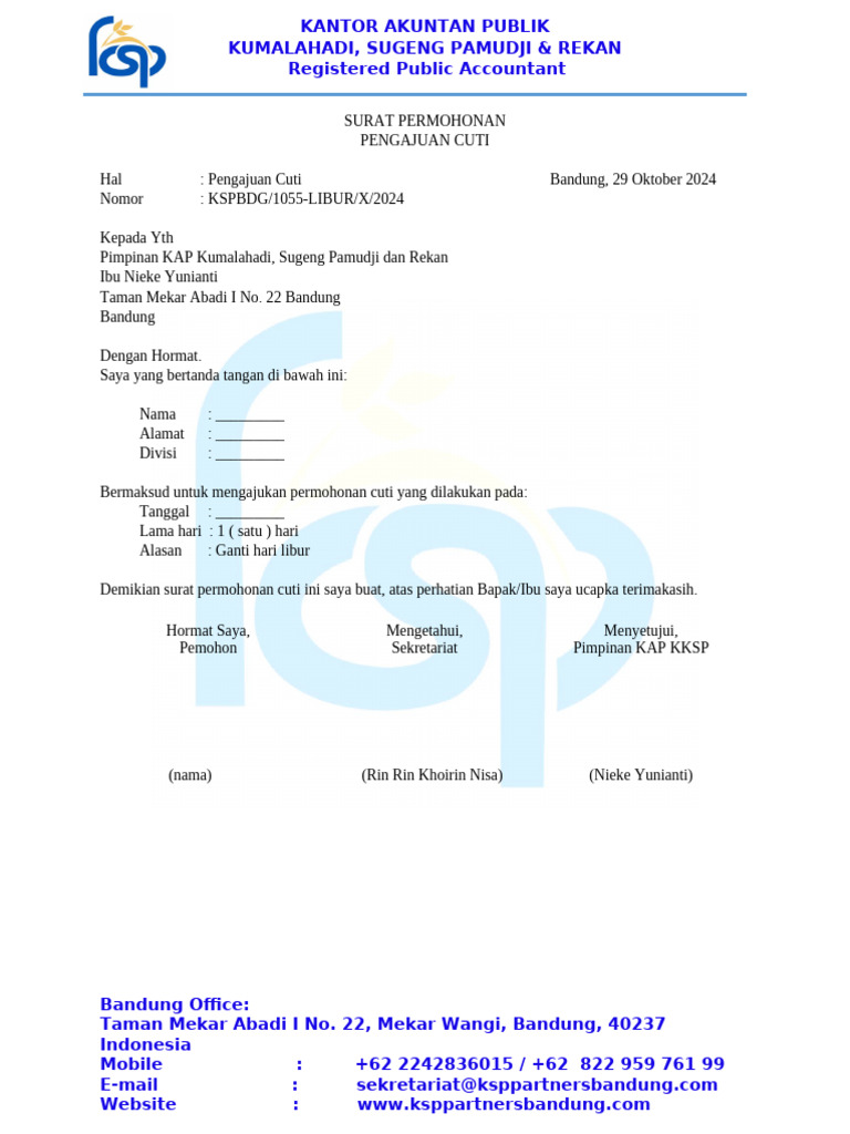 (Template) SURAT PERMOHONAN CUTI - KAP KSP DAN REKAN | PDF