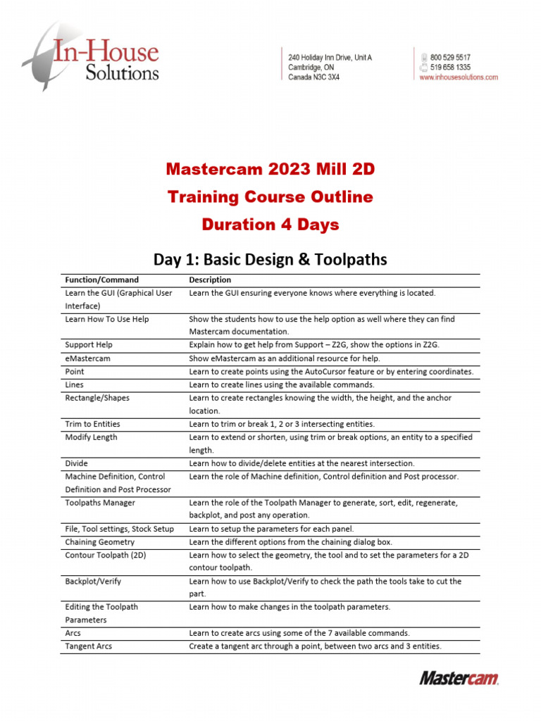COURSE OUTLINE, Mastercam 2023 Mill 2D Training | PDF | Machine Tool | Drill