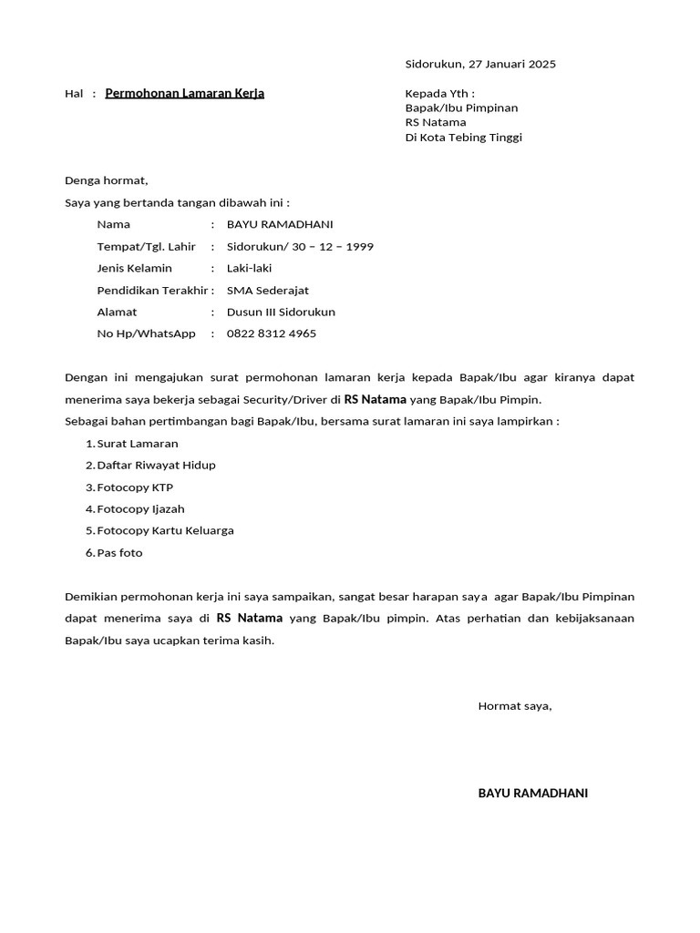 Surat Lamaran Kerja Security | PDF