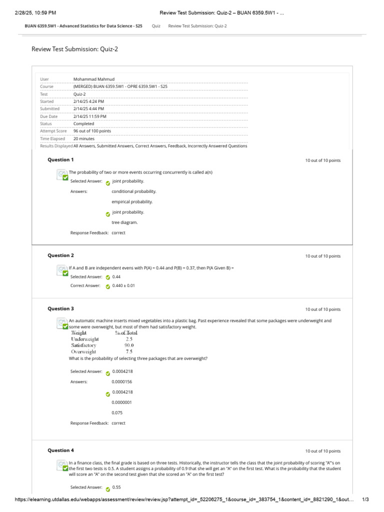 Quiz-2 Results for BUAN 6359 | PDF | Applied Mathematics