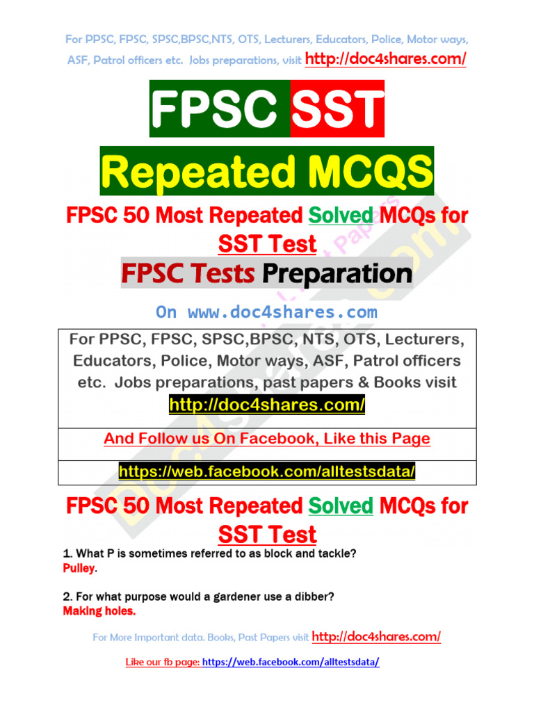 FPSC 50 Most Repeated Solved MCQs for SST Test | PDF