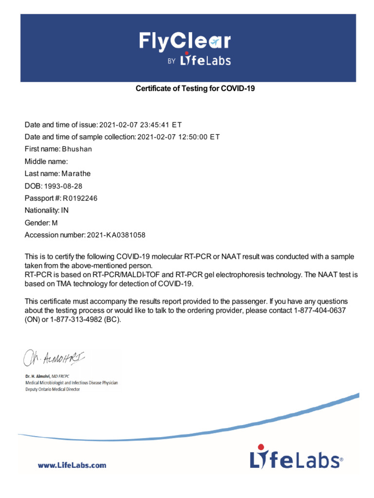 Bhushan Marathe FlyClear COVID-19 PCR Swab Letter | PDF