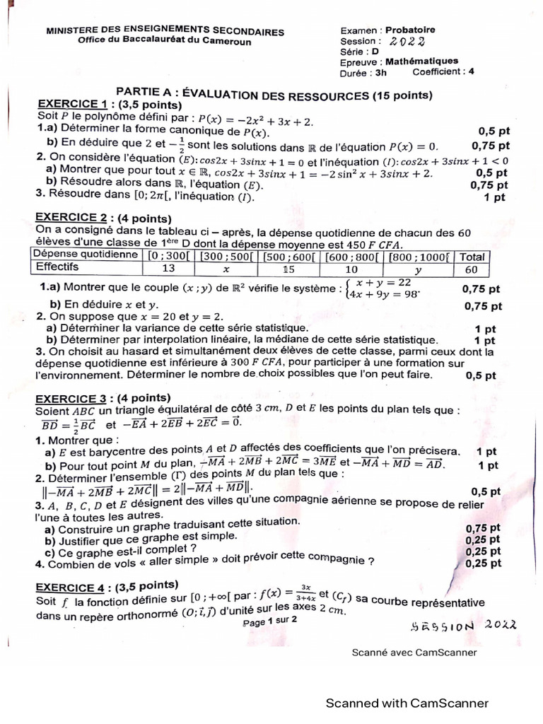 PROBATOIRE D Maths 2022 | PDF