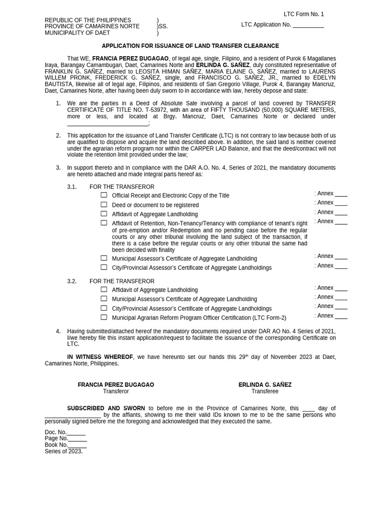 Land Transfer Clearance Application Form | PDF | Justice | Crime & Violence