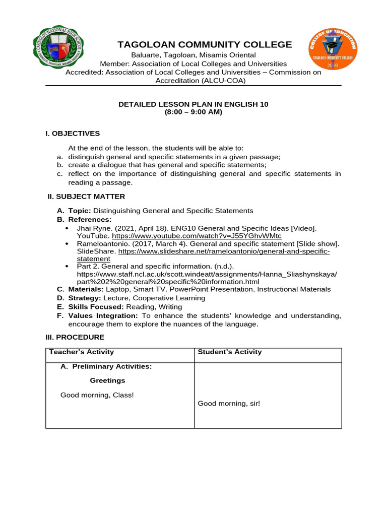 English 10 Lesson Plan: General vs Specific Statements | PDF ...