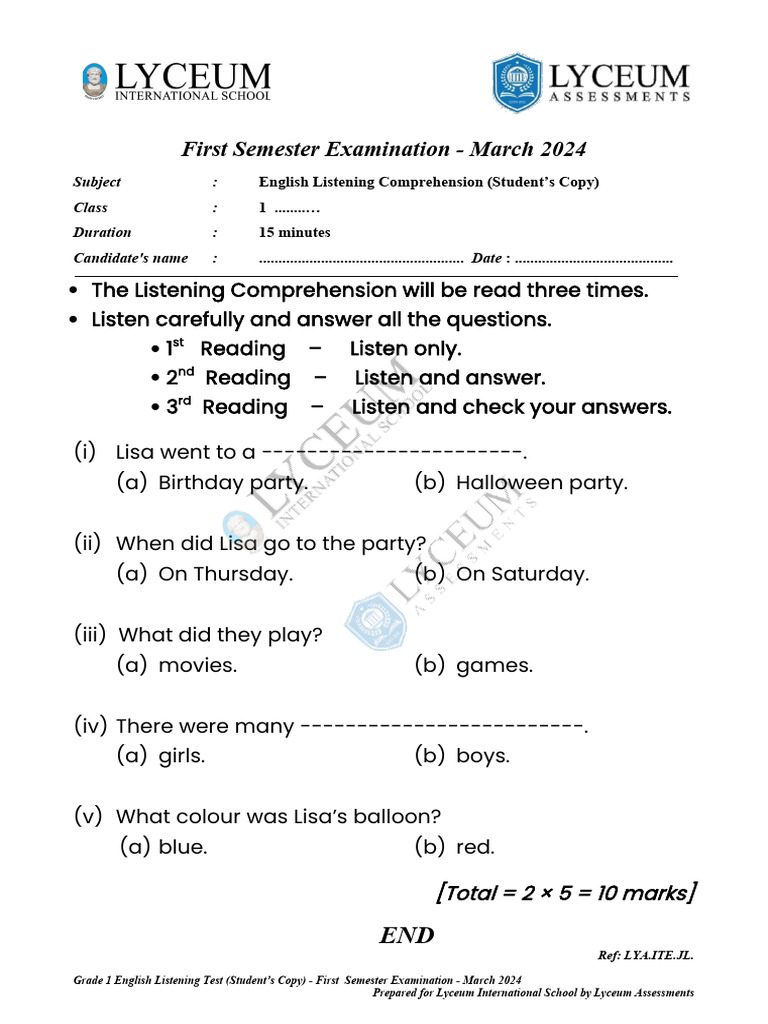 Grade - 1 English Listening Test - Student_s Copy 2024 | PDF