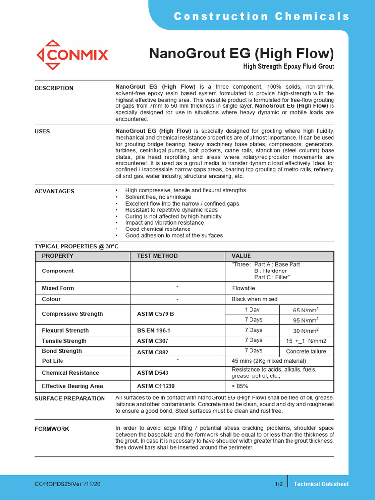 NanoGrout EG Technical Datasheet | PDF | Concrete | Epoxy