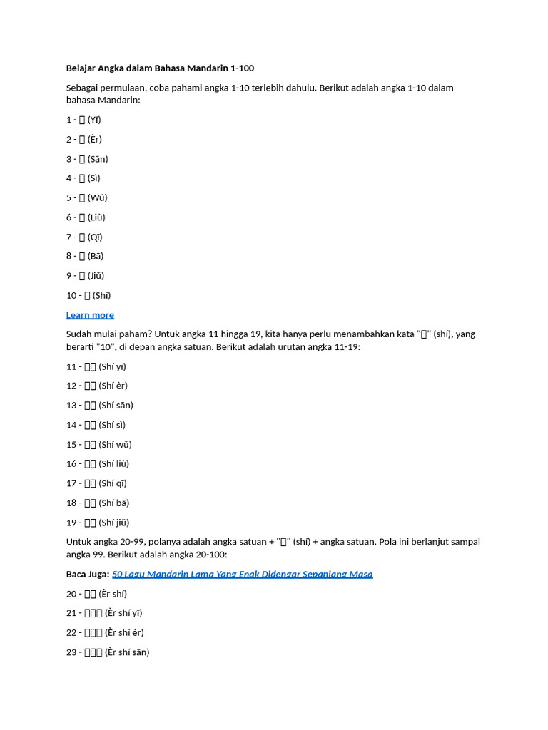 Angka Bhs Mandarin | PDF