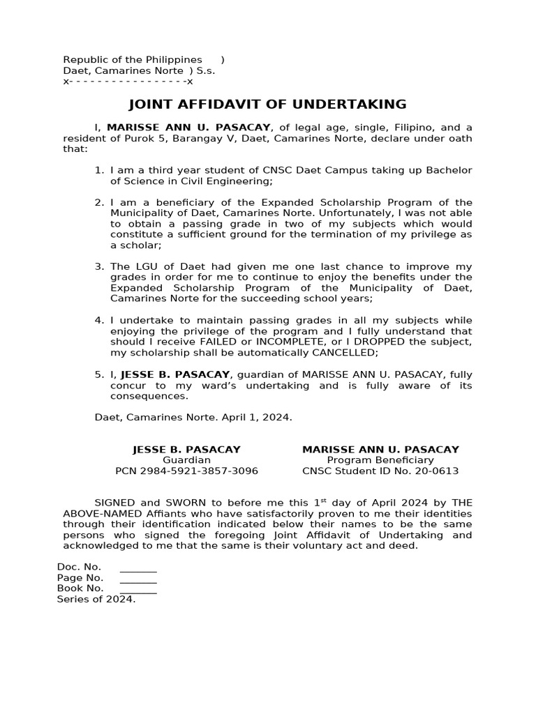 2024 LGU Scholar Affidavit of Undertaking | PDF | Affidavit