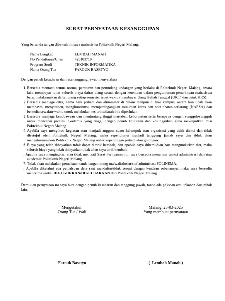 Form Surat Pernyataan Kesanggupan Polinema | PDF