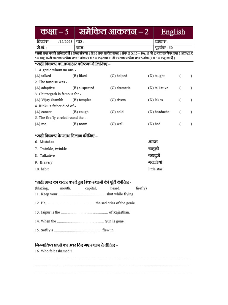 Class 5 English Assessment Paper | PDF