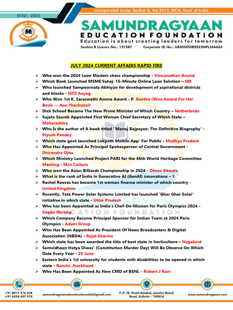 July 2024 Current Affairs Highlights | PDF