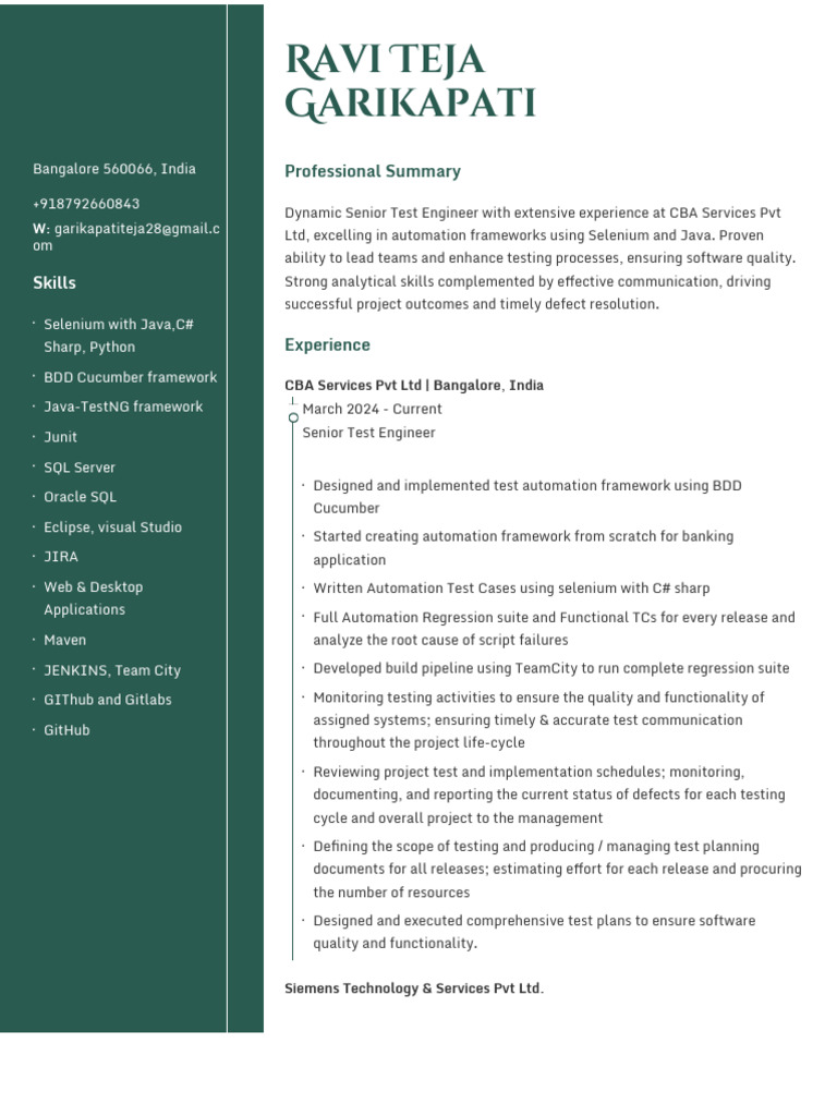 Senior Test Engineer Profile Summary | PDF | Selenium (Software ...