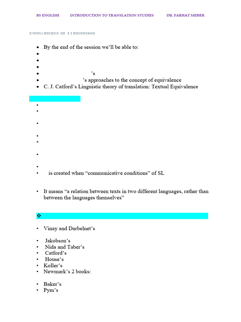 Handout - 1. Equivalence in Translation | PDF | Translations | Linguistics
