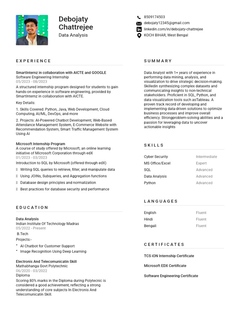 Debojaty Chattrejee - Data Analysis - Resume | PDF | Data | Sql