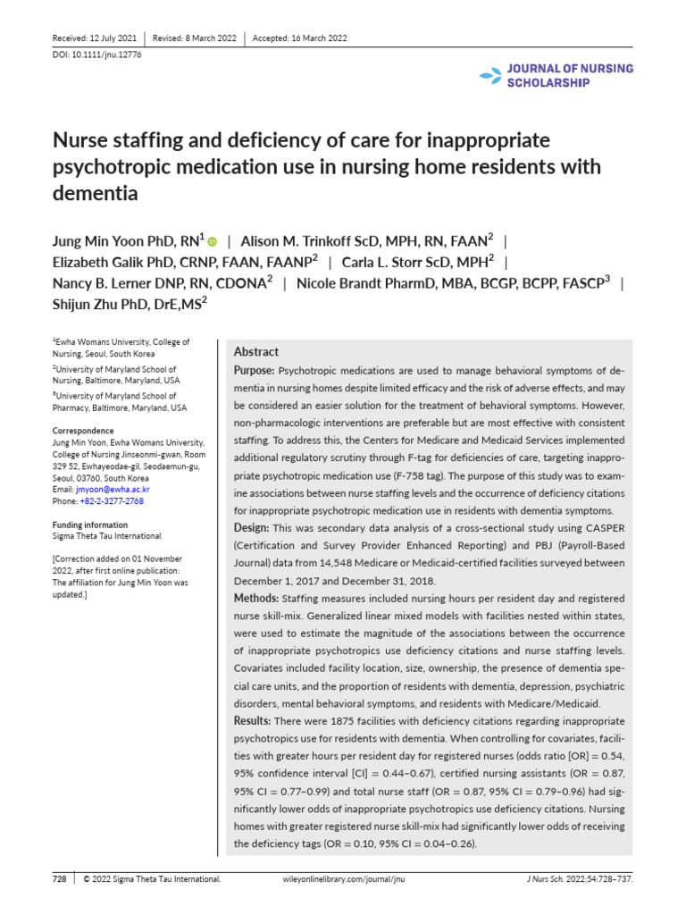 J of Nursing Scholarship - 2022 - Yoon - Nurse Staffing and Deficiency ...
