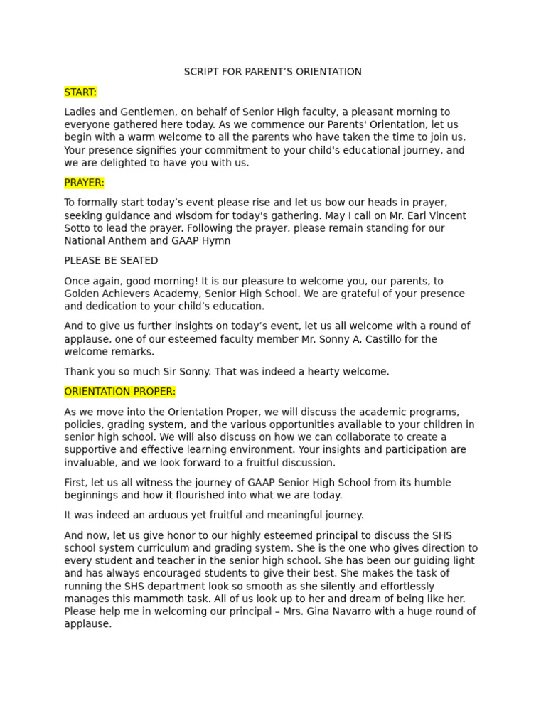Script For Parent's Orientation | PDF