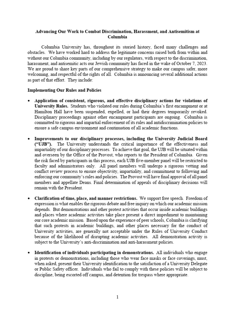 03.21.2025 Columbia - FINAL | PDF | Provost (Education) | Policy
