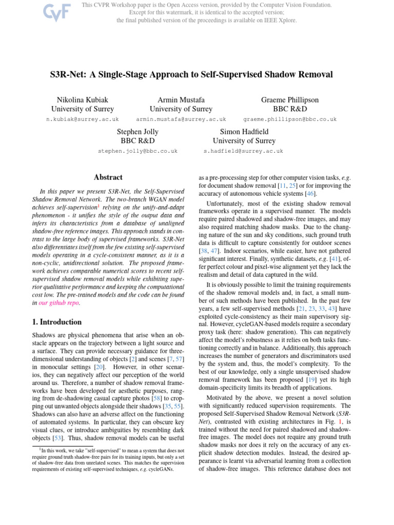 Kubiak S3R-Net A Single-Stage Approach To Self-Supervised Shadow Removal CVPRW 2024 Paper | PDF ...