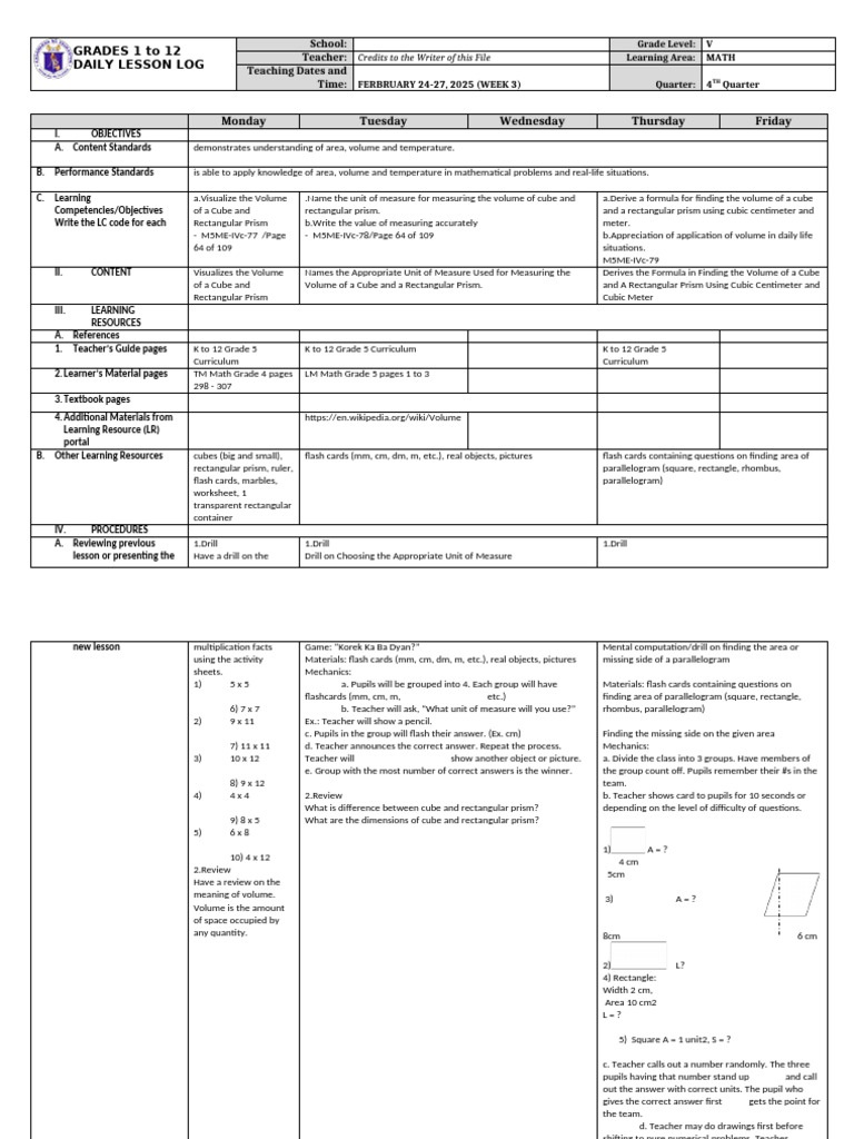 Grade 5 DLL MATH 5 Q4 Week 3 | PDF