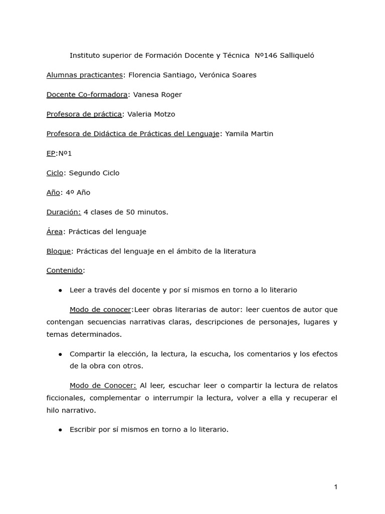 Planificación Práct. Lenguaje | PDF | Cuentos | Comunicación humana