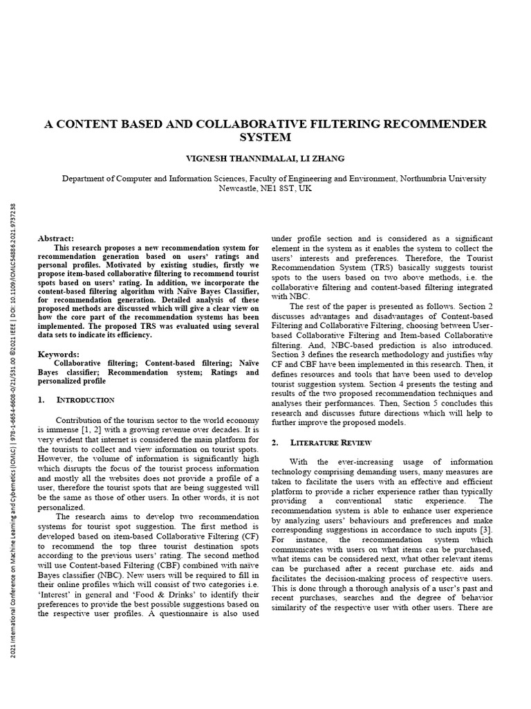 A Content Based and Collaborative Filtering Recommender System Paper 1 ...