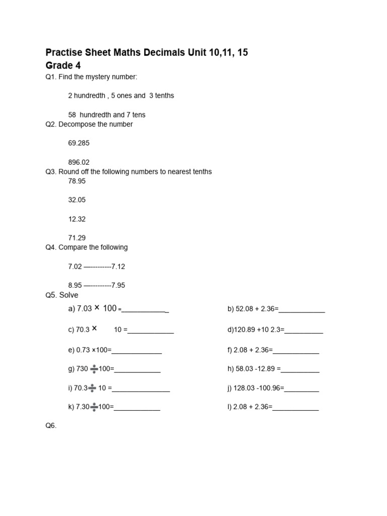 Practise Sheet Maths Decimals Unit 10,11, 15 - 1553267 - 2025 - 03 - 02 - 15 - 34 | PDF