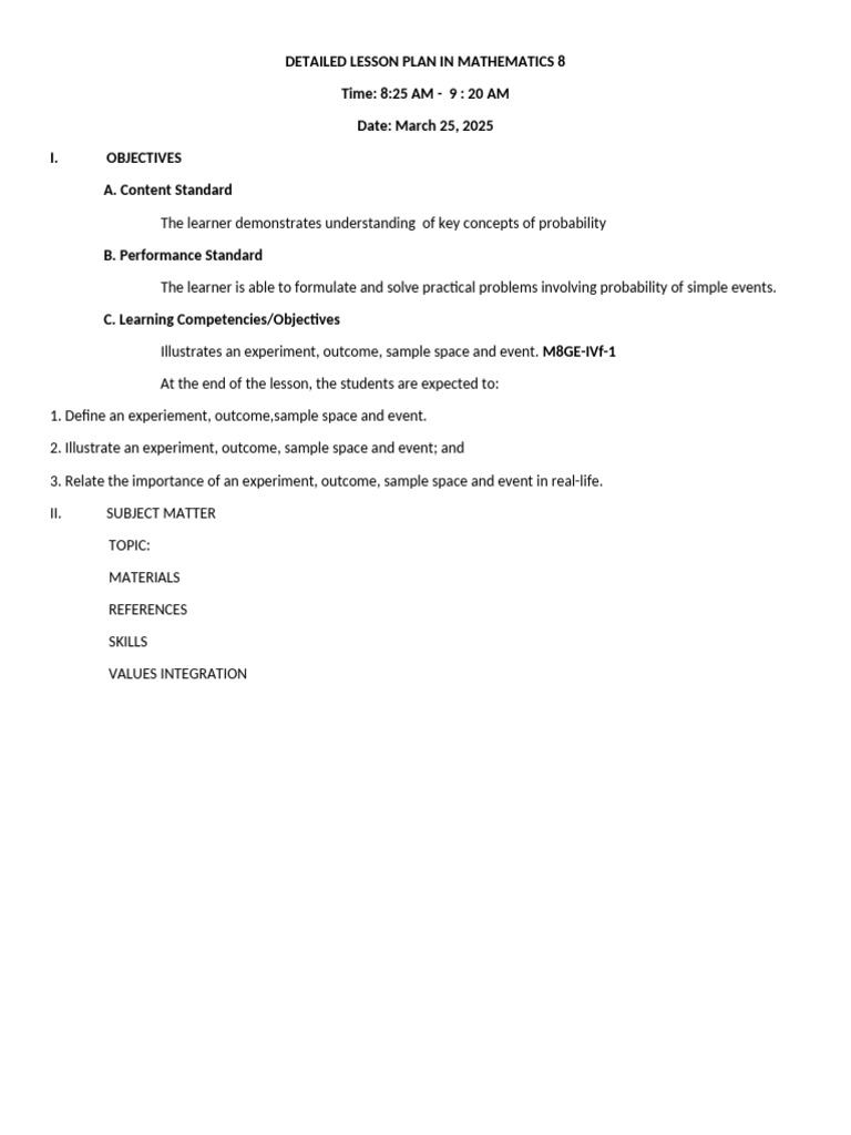 Math 8 Lesson Plan: Probability Concepts | PDF