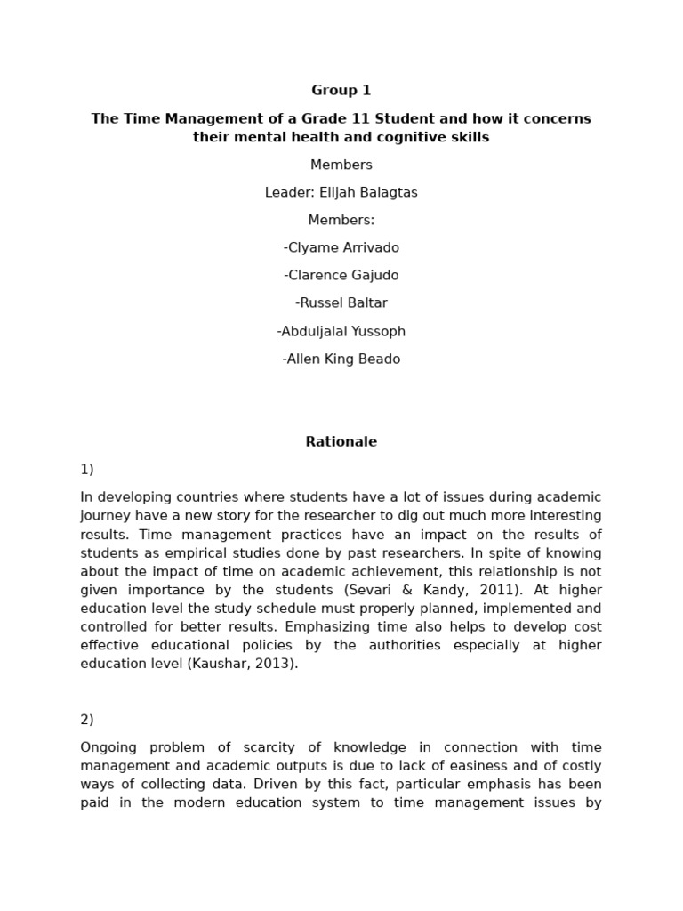 The Time Management of A Grade 11 Student and How It Concerns Their ...