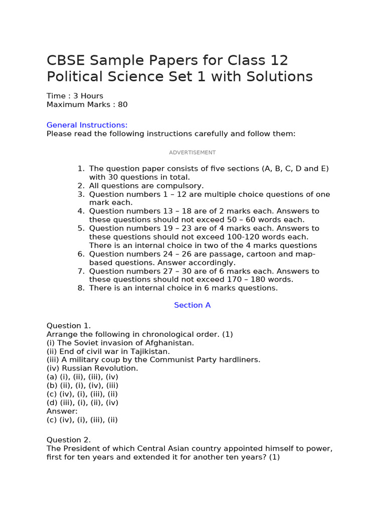 Compilation CBSE Sample Papers For Class 12 Political Science With ...