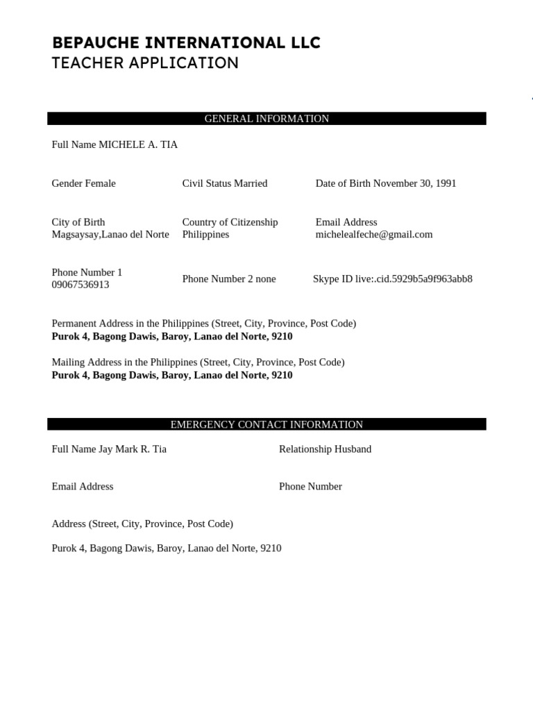 Bepauche International LLC - Teacher Application Form | PDF | World Wide Web | Internet & Web