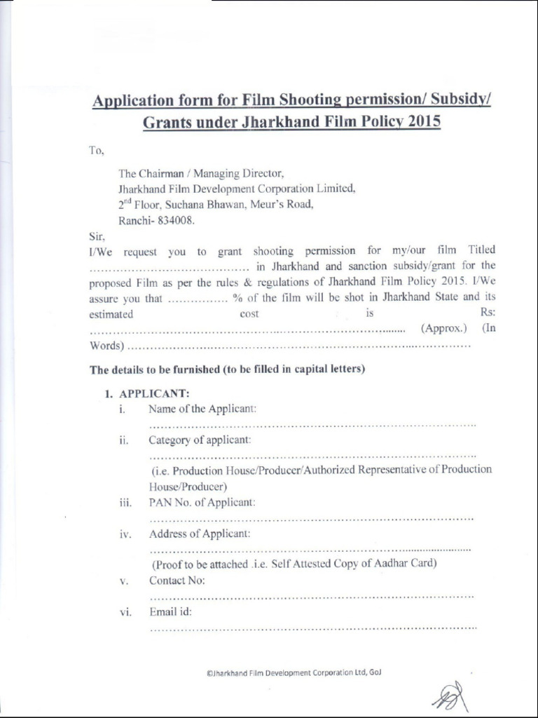 Application Form For Film Shooting Permission and Etc | PDF