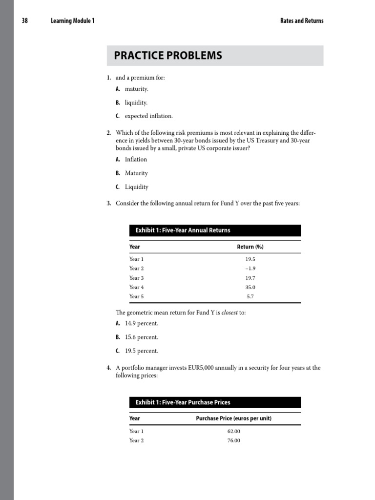 CFA1 QUANT 2024 M1 Curriculum Practice Questions | PDF | Bonds (Finance) | Yield (Finance)