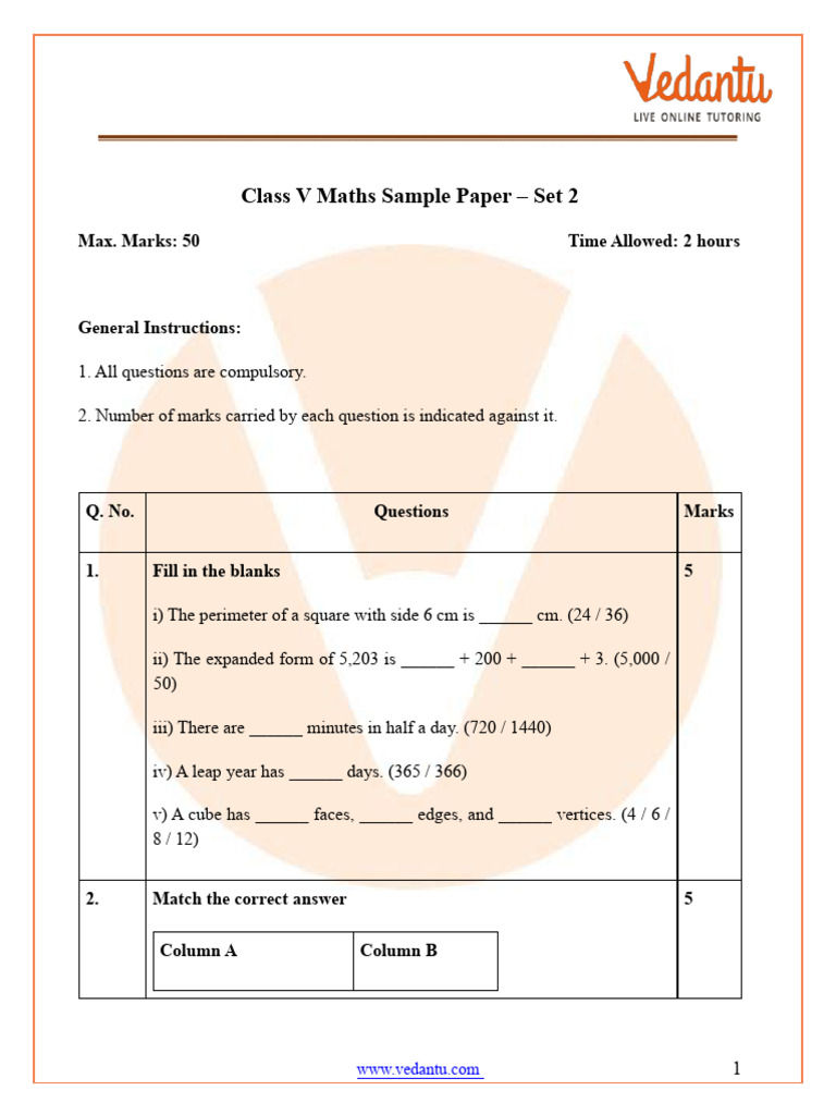 CBSE Class 5 Maths Sample Paper Set 2 With Solutions FREE PDF - 2024-25 ...